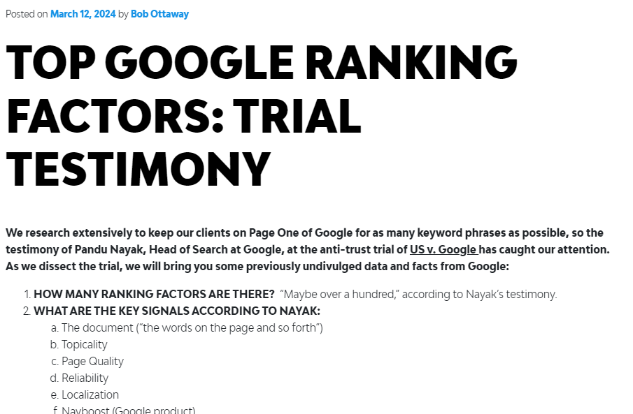 TOP GOOGLE RANKING FACTORS: TRIAL TESTIMONY - Marketers for Movers